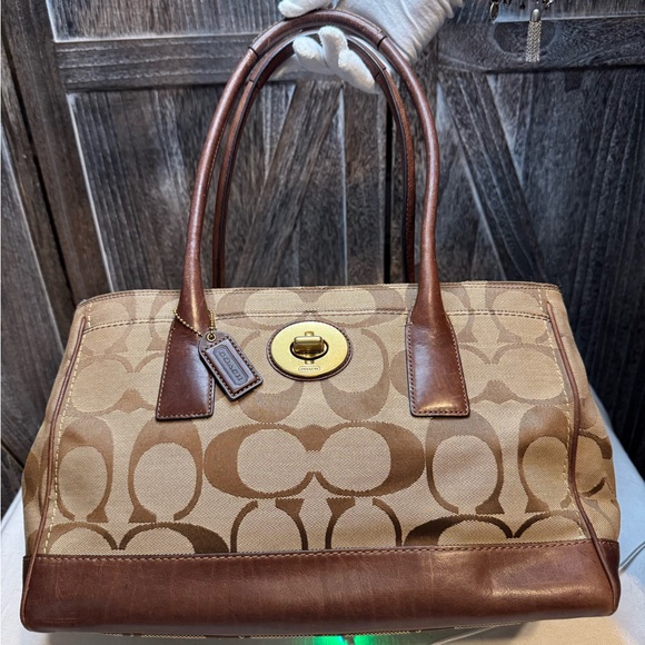Coach | Bags | Coach Madeline Tan And Brown Signature Shoulder Bag ...